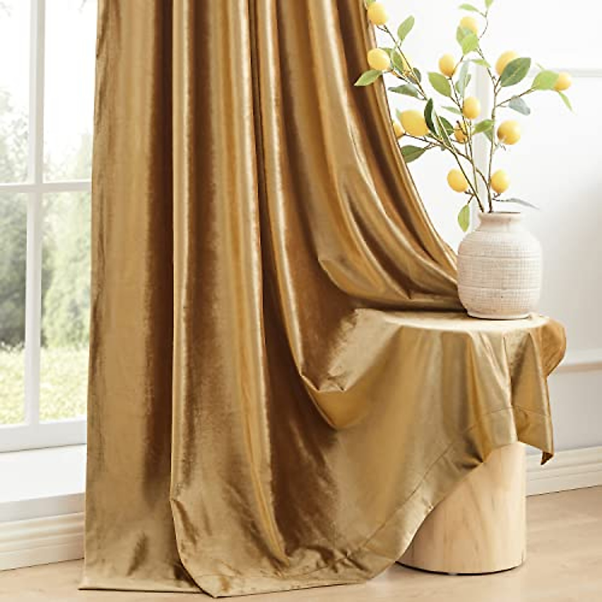 PRIMROSE Dark Golden Curtains 84 inch for Living Room Velvet Blackout Rod Pocket Window Drapes Treatment Semi Room Darkening Decor Curtains for Bedroom Set of 2 Panels