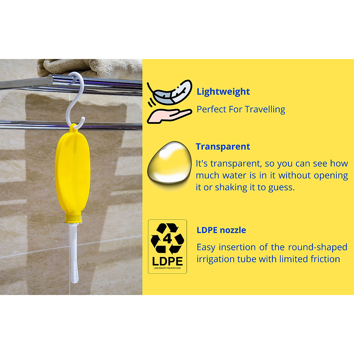 RVDKBULB Silicone Douche Bag with Storage Bag, Pocket size - Great for Travel, 24 Fl Oz Capacity, Yellow