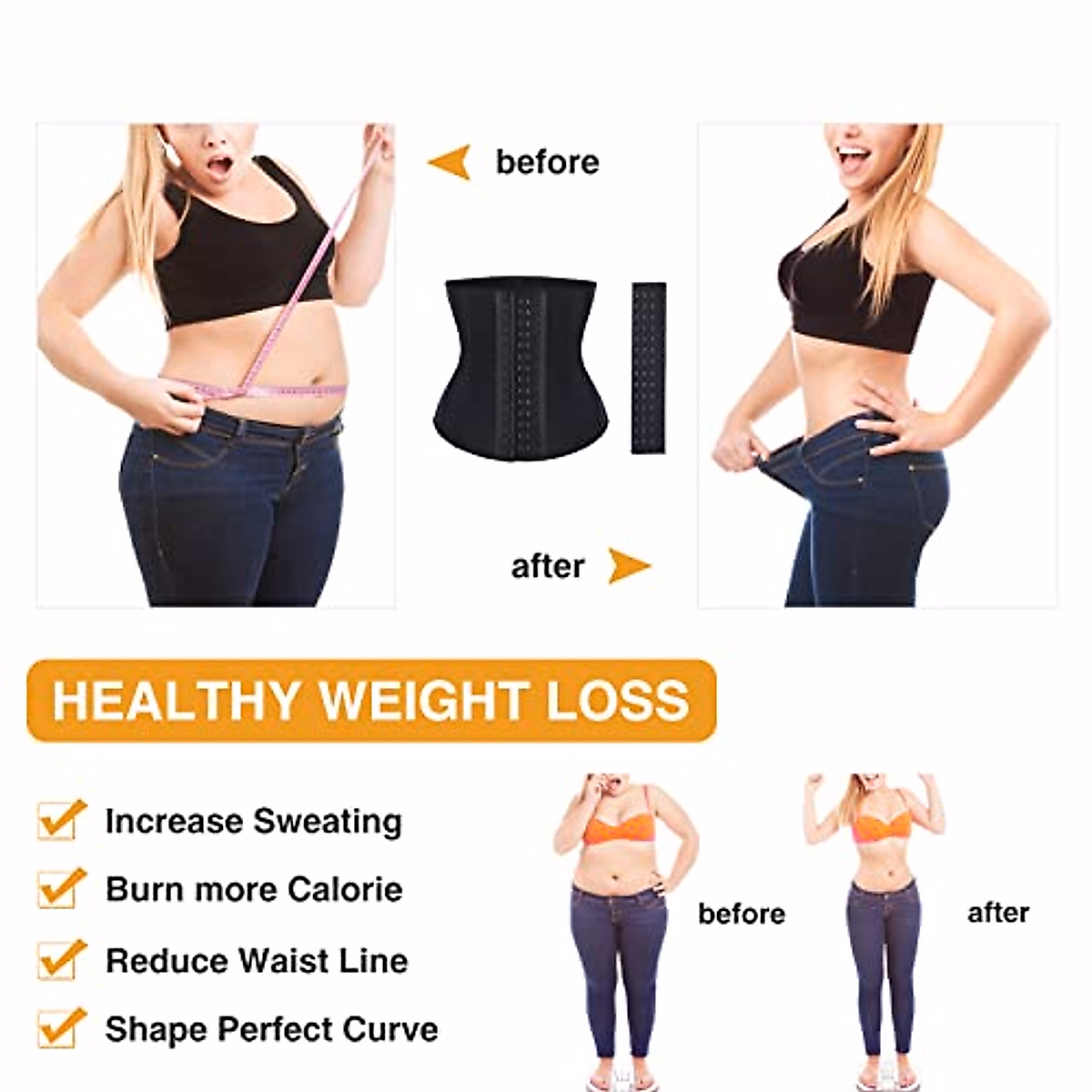 FeelinGirl Latex Waist Trainer for Women Short Torso Latex Waist Cincher Corset Sport Girdle Waist Training Black M