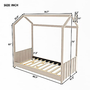 Bellemave Twin Size Velvet House Bed,Wood Bed, Twin Bed Platform Bed for Kids, Wood Twin Size Platform Bed Frame for Boys and Girls and Kids, No Box Spring Needed (Beige)