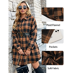 BMJL Womens Button Down Flannel Shirts Oversized Buffalo Plaid Shacket Long Sleeve Shirt Dress Long Jacket Coat Fall Tops fashion 2023(Brown, M)