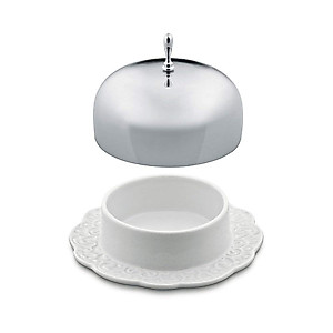 Alessi "Dressed" Butter Dish in Porcelain With Lid in 18/10 Stainless Steel Mirror Polished, White