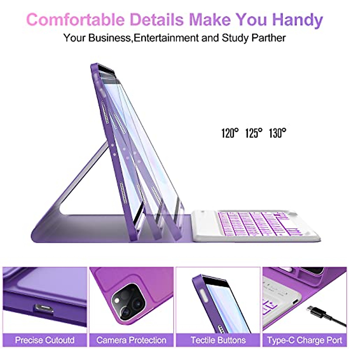 Keyboard Case for iPad Air 13-inch(M2, 2024) & iPad Pro 12.9 (6th 2022/5th 2021/4th 2020/3rd 2018 Gen), Detachable Bluetooth Keyboard| 7 Color Backlit| Slim Protection Cover with Pencil Holder, Purple