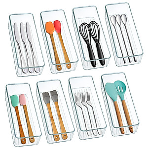 Hudgan 8 Pack Clear Plastic Drawer Organizer Bins Set, Stackable Cutlery Storage Bins Trays for Organizing Kitchen Supplies, Bathroom Supplies, Office Supplies, Crafts, Gadgets, Cabinet Supplies