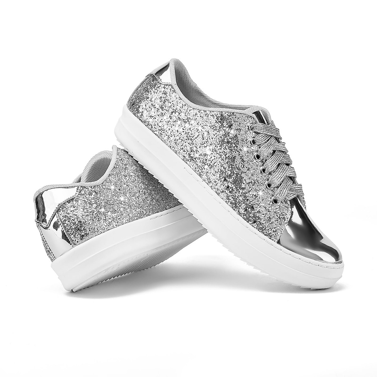 IMPREMEY Women's Glitter Sneakers Lace-Up ，Sparkly Fashion Shoes for Casual Sports Walking Sequin Shoes Silver