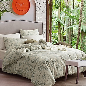 ECOCOTT 3 Pieces Duvet Cover Set with Vintage Green Leaves Pattern 100% Natural Cotton Cozy Simple Style Bedding Set (Queen Size)