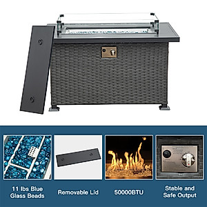 Propane Fire Pit Table, Outdoor Fire Table Rectangle 50000 BTU, 43 Inch Gas Fire Pit for Outside Patio with ETL-Certified, Auto Ignition, Aluminum Tabletop, Glass Wind Guard, Cover, Gray Wicker