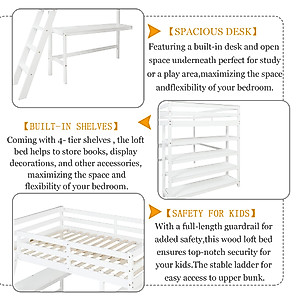 Harper & Bright Designs Twin Size Loft Bed with Desk Underneath Twin Loft Bed with Shelves and Ladder, Wood Loft Bed Twin for Kids Girls Boys,White