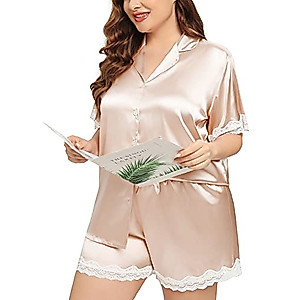 SWOMOG Satin Plus Size Pajama Women Short Sleeve Loungwear Two Piece Sleepwear Silk Satin Pajamas Set Comfy Pjs with Lace Trim Champagne