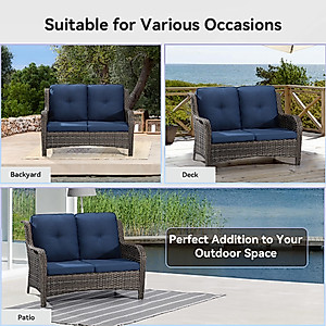 Joyside Outdoor Patio Wicker Loveseat Sofa - 2-Seater Rattan Sofa for Outside Patio Garden with Deep Seating and Olefin Cushions(Mixed Grey/Blue)