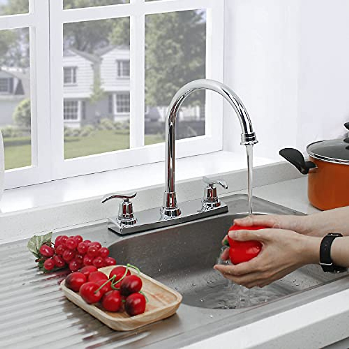 SOLVEX 2 Handle Kitchen Sink Faucet, High Arc 360 Swivel Stainless Steel Pipe 3 Hole Kitchen Faucet, Commercial Modern Chrome Kitchen Sink Faucet, US-SP-80093