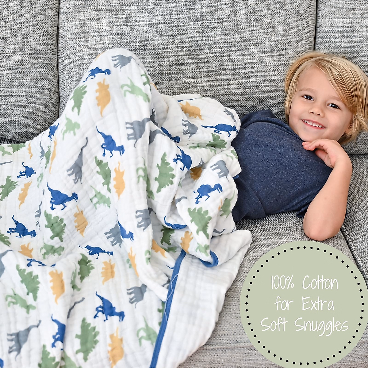 LollyBanks Muslin Quilt Blanket, 100% Cotton Muslin Baby Blanket for Boys, Large 47 x 47 Inches, 6 Layers Soft and Breathable Quilt Blanket, Versatile Crib Blanket, Baby Essentials (Dino Print)