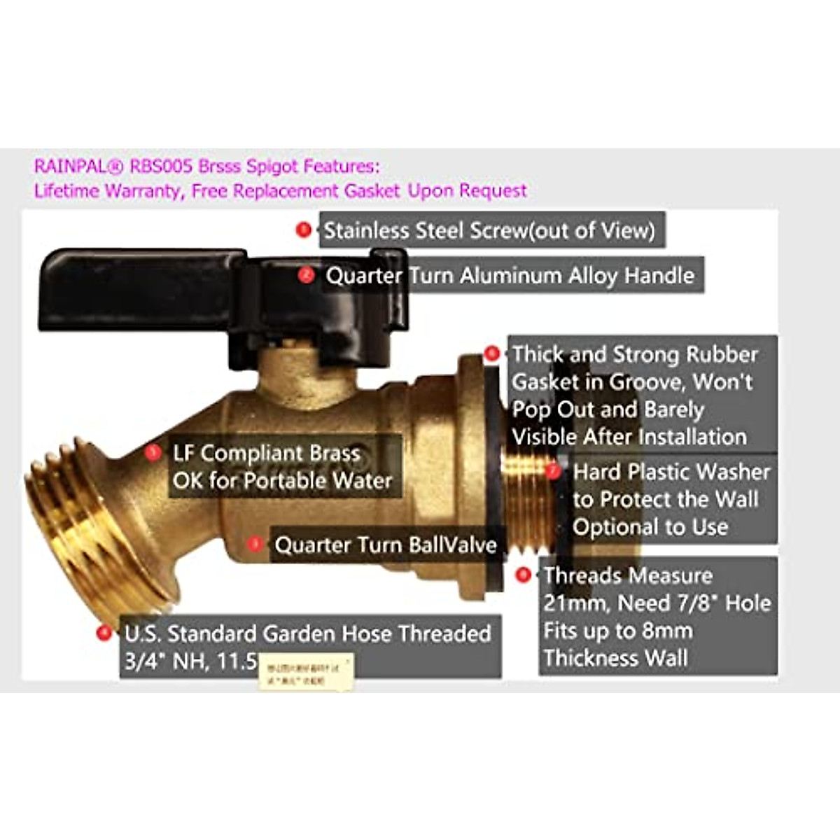 RAINPAL RBS005 Brass Water Container/Rain Barrel Quarter Turn Spigot(LF Compliant, for Open TOP Barrels)