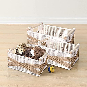 LaMorée Storage Baskets 3 PCS Paper Rope Woven Storage Bin Set with Natural Wooden Handles Decorative Boho Wicker Boxes for Tabletop Shelves Home Office Nursery Organizer Container – Brown and White