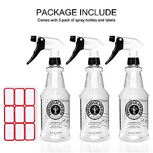Plastic Spray Bottle (24oz 3 Pack) for Cleaning Solutions, Car Detailing Care, Planting, Pet, Clear Finish, Heavy Duty Empty Spraying Bottles Mist Water Sprayer with Measurements & Adjustable Nozzle