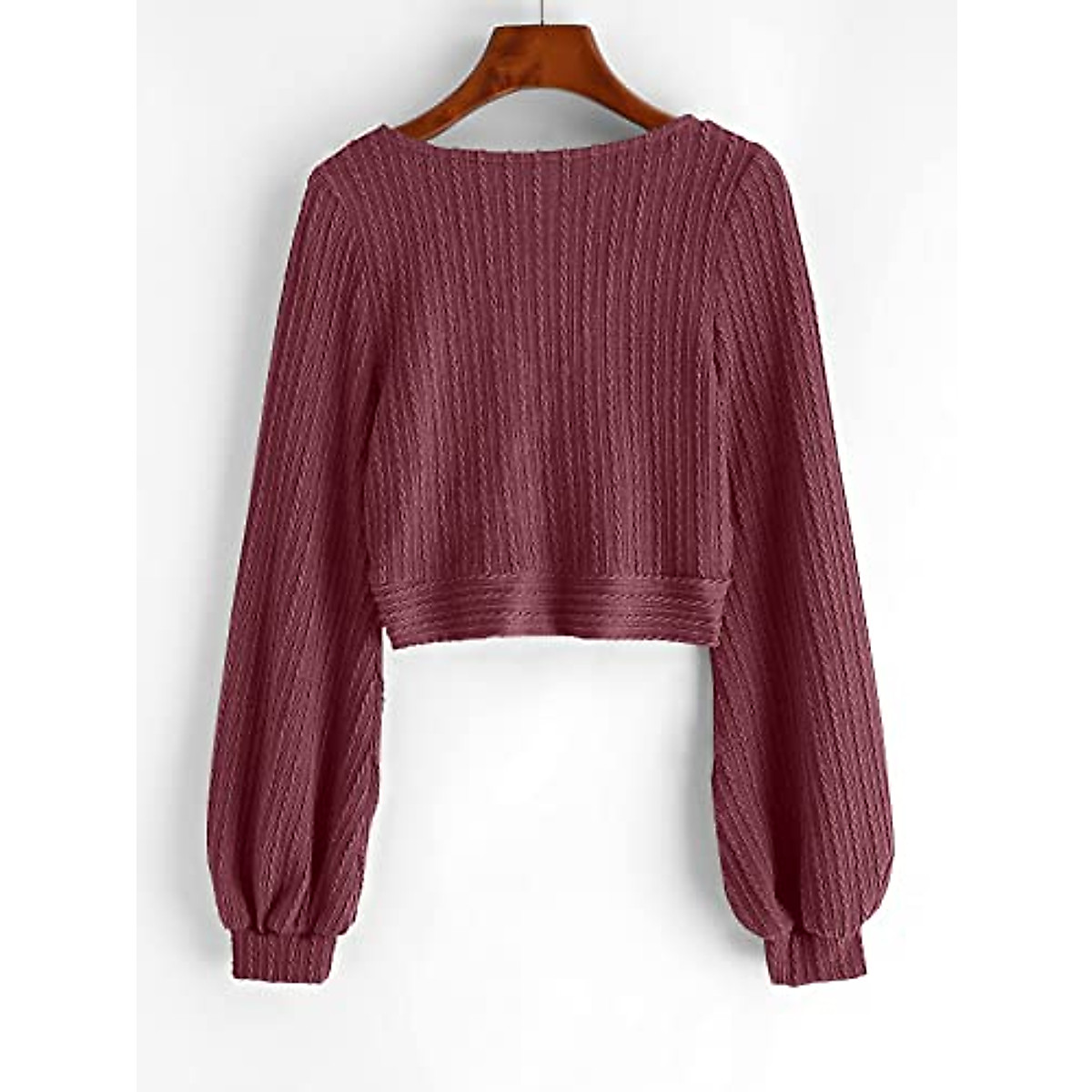 ZAFUL Women's Pullover Ribbed Cropped Knitwear Drawstring Ruched Knitted Crop Top Solid V-Neck Long Sleeve T-Shirt