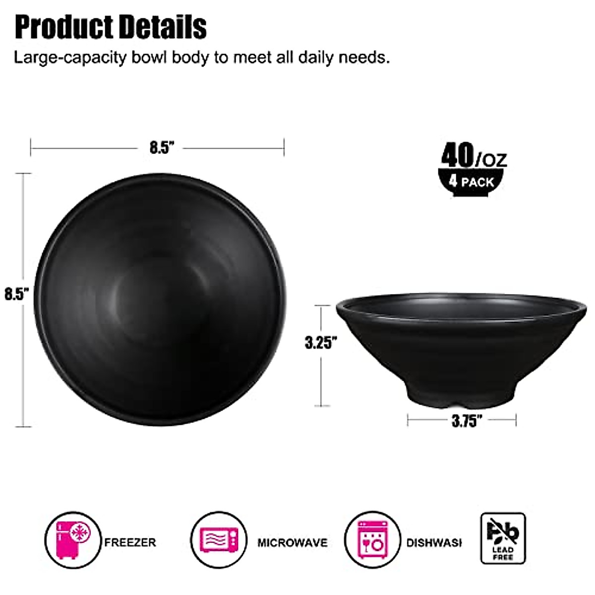 shopwithgreen Unbreakable Plastic Japanese Style Ramen Bowl Set of 4-44 OZ Large Ramen Bowls for Pho Thai Miso Udon Soup Noodles - Dishwasher Safe & BPA free Bowl Set for Family (Black)