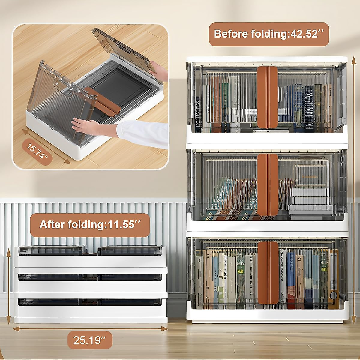 T&Jero 19 Gal Collapsible Storage Bins with Lids and Wheels, Stackable Plastic Closet Organizer with Doors, Foldable Storage Container for Dorm Room Organizing, 3 Pack