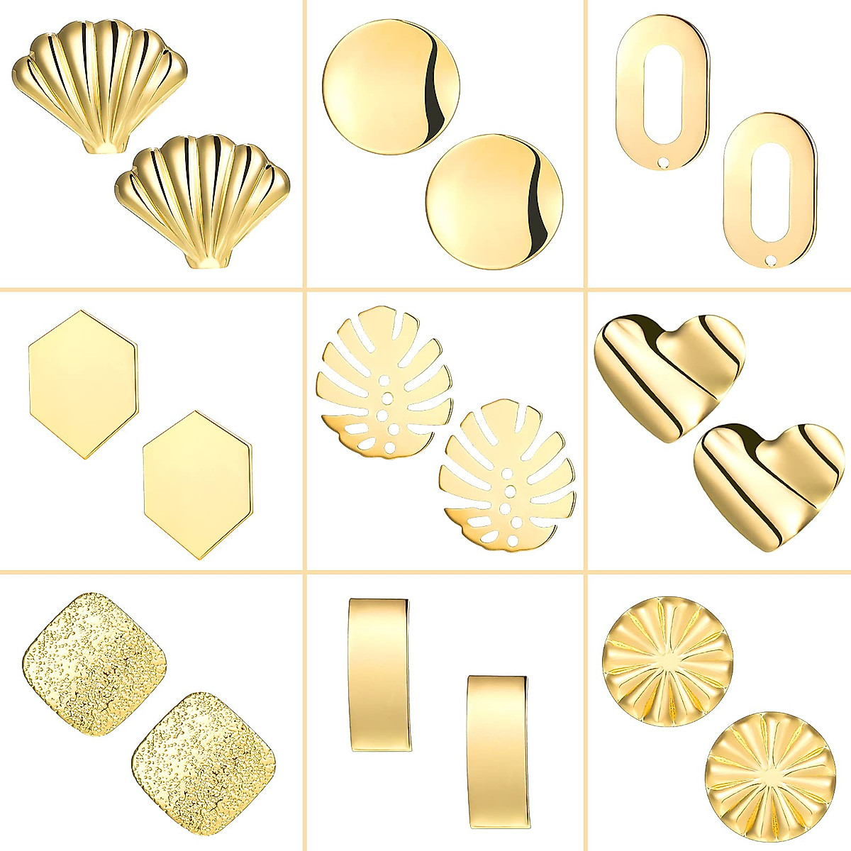 Hicarer 36 Pcs/ 18 Pairs Gold Plated Earring Studs for Jewelry Making Earring Posts with Loop Hole Ear Studs Kit Palm Leaf Shaped Flower Shell Ear Pad Base Posts Heart Hollow Rectangle Hexagon Shapes