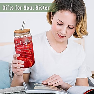 Roeni Friend Gifts for Women - Soul Sister Gifts for Female Friends - Friendship Gifts for Her Birthday - Bestie Cup for Christmas Gift - 16oz Glass Coffee Cup with Lid