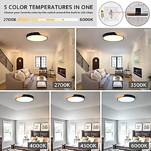 Vikaey Modern Dimmable LED Ceiling Light, Minimalist Wood Style 5CCT 2700K-6000K Flush Mount Ceiling Light Fixture, Round Lighting Lamp for Bedroom Living Room Dining Room Laundry, Black, 15.8"