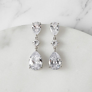 SWEETV Teardrop Wedding Earrings for Brides Birdesmaids, Crystal Cubic Zirconia Bridal Drop Earrings for Wedding Women Prom, Silver