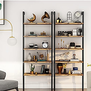 AWQM 2PCS Ladder Bookshelf, 5-Tier Bookcase Wall Mounted Bookshelf with Metal Frame,Modern Ladder Shelf Bookcase Wall Shelves Open Display Storage Shelves for Home, Office,Black & Walnut