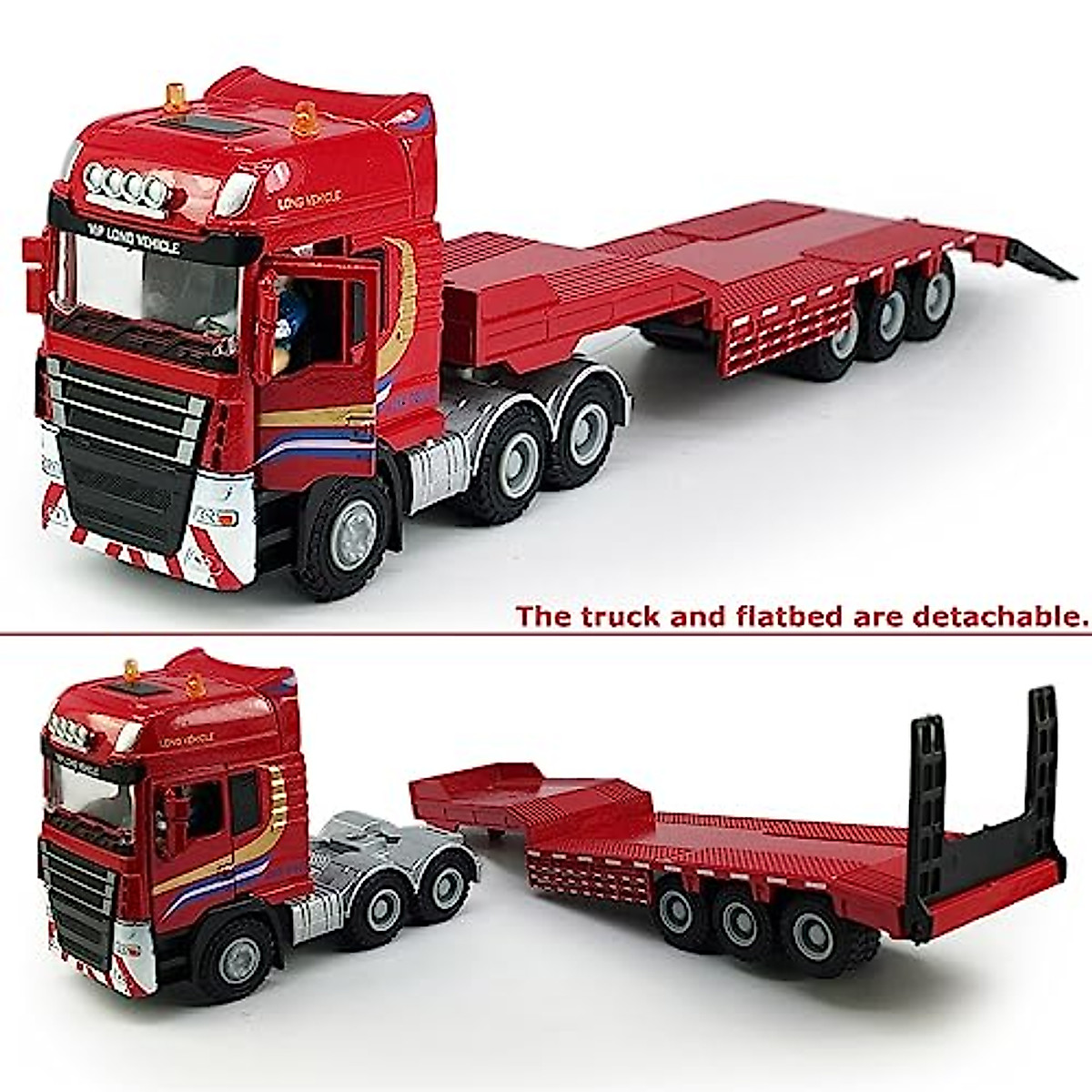 Flatbed Truck Toy with Excavator Loader Tractor Bulldozer Semi Tow Truck Transport Trailer Metal Diecast Construction Vehicles 2 in 1 Vehicle Playset Friction Powered Toy Trucks for Boys Kids Gift red