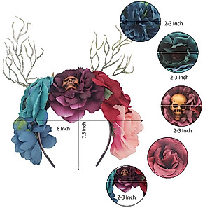 SuPoo Flower Headbands for Women Halloween Flower Crown Ghost Flower Hair Accessories Boho Flower Girl Headpiece Day of The Dead Floral Crown for Renaissance Fair Maternity Wedding Masquerade