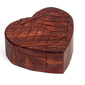 Lify All Natural Exotic Woods Puzzle Box, with Sliding Wooden Key Lock, Sliding Cover and Inner Lid to Hidden Compartment. Hand-made Wood Onlay Design on Lid.- 1 Piece (Heart (Double Open))