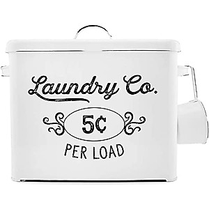 AuldHome Farmhouse Laundry Powder Container, White Enamelware Detergent Bin with Scoop