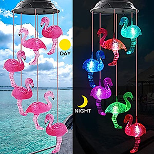 WANQDG Flamingo Solar Wind Chimes for Outside, Waterproof LED Solar Powered Memorial with Lights, Housewarming Gifts for Garden Outdoor Patio Yard Lawn Decor