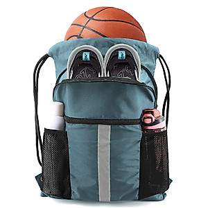 BeeGreen Workout Bag Drawstring Backpack w Shoe Compartment Large Sackpack String Bag w Zipper Pockets and Water Bottle Pockets Sports Yoga Cinch Bag for Gym Haze Blue