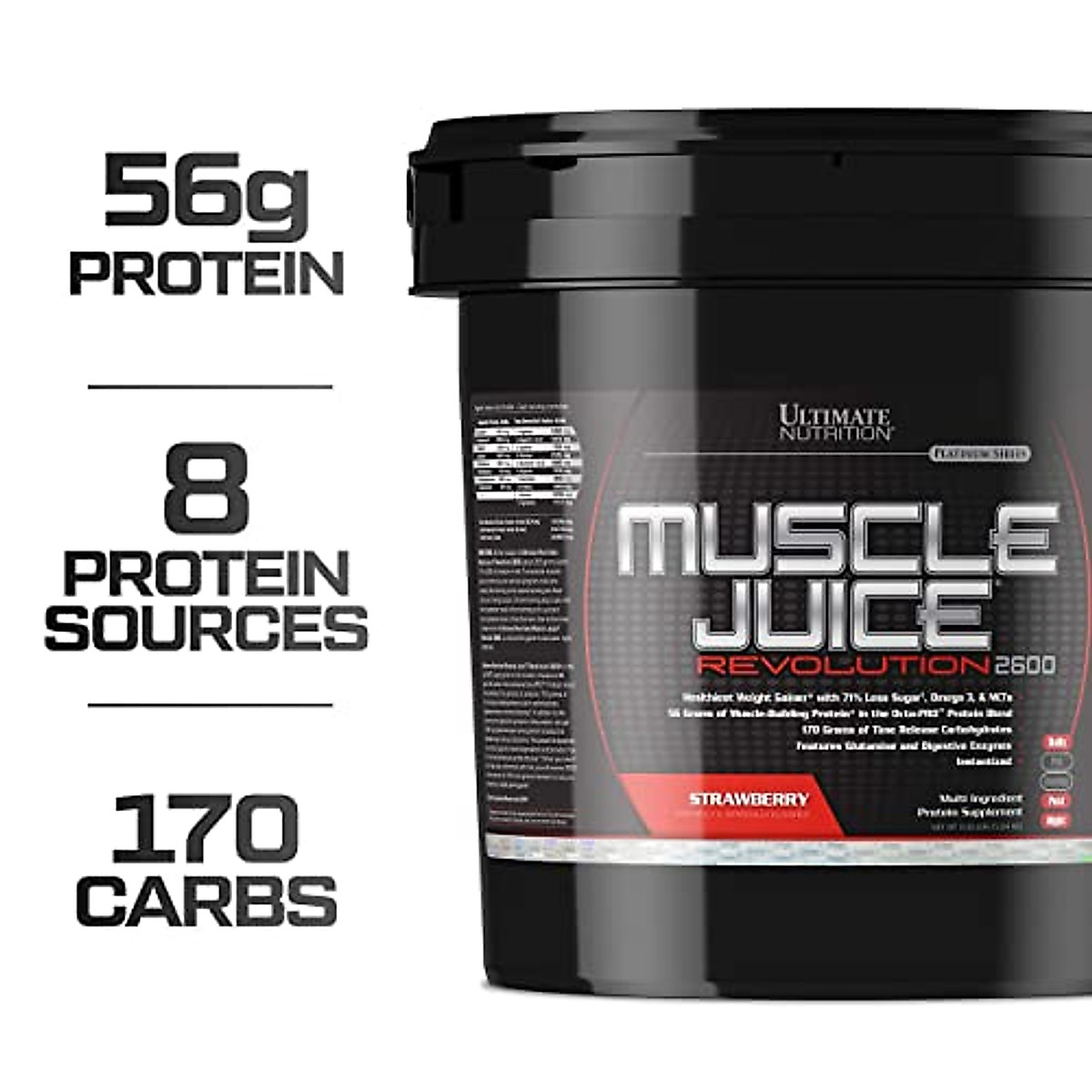 Ultimate Nutrition Muscle Juice Revolution 2600, Lean Muscle Mass Gainer Protein Powder with Glutamine, Whey Protein Isolate for Weight Gain, Time Release Carbohydrates, 11.1 Pounds, Strawberry