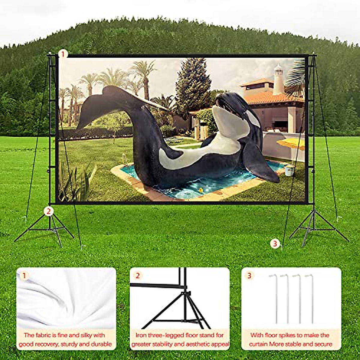 Projector Screen and Stand, Portable 16:9/4:3 HD 4K Movie Screen, with Carry Bag & Tripod Manual Wrinkle-Free Design, for Party Cinema and Camping,150in