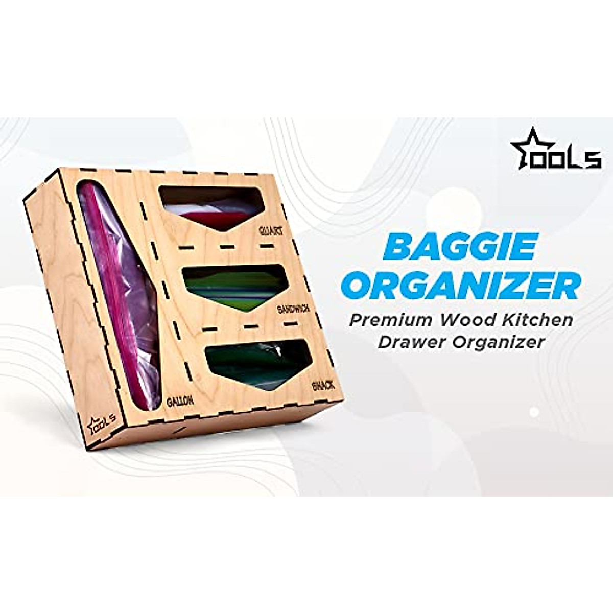 Ziplock bag storage organizer by Bools–Kitchen Drawer Organizer Compatible With Ziploc, Solimo, Glad, Hefty For Gallon, Quart, Sandwich & Snack Variety Size Bags