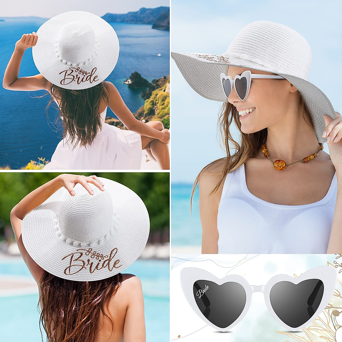 Neer 2 Pcs Bride Wedding Gifts Heart Sunglasses Sun Hat Set Bachelorette Gifts for Bridal Shower Party Decoration Favors(White)