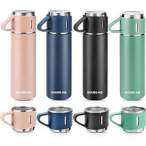 SOUSS-KB Stainless Steel Double Wall Vacuum Insulated Coffee Thermos- Keeps Drinks Hot & Cold for Hours, 2 IN 1 Bottle (500ML/17OZ) with Cups to Drinks (Black)