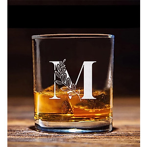 Floral Monogram ' M ' Whiskey Glass - Letter A-Z Engraved - Stemless Whiskey Glass - Gifts For Dad - Mother's Day - Gift For Mom - Gifts For Coworkers