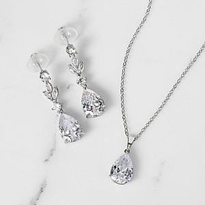 SWEETV Teardrop Wedding Jewelry Sets for Women Brides Bridesmaids, Crystal Bridal Necklace Drop Earrings Set,Prom Costume Bridal Wedding Jewelry, Silver