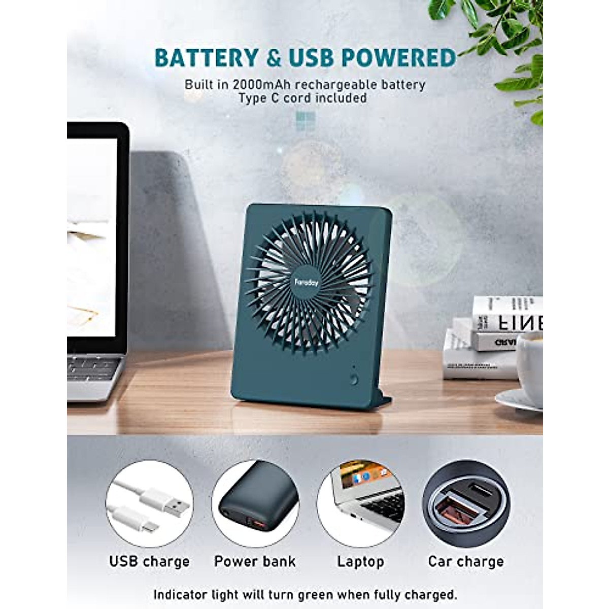 FARADAY Small Table Fans Rechargeable Portable 180°Tilt Folding Desk Fans Battery Operated Personal Fan Ultra Quiet For Home Bedroom Office Desktop, 3 Speeds (Deep Green)