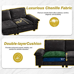 L Shaped Couch Sectional Sofa Couch with Ottoman, Cloud Couch Sectional Couches for Living Room, Modern Modular Sectional Sofa Sleeper Sofa Comfy Upholstered Furniture for Apartment (Black, 4-Seater)