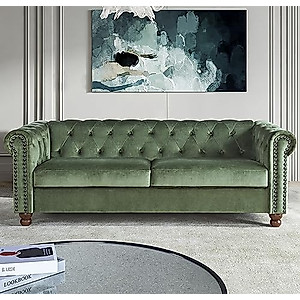 EMKK Chesterfield Sofa, Classic Tufted Upholstered Couch, Modern 3 Seater Loveseat Long Settee Furniture with Rolled Arms and Nailhead,Back and Legs for Living Room Office, Apartment, Green-b