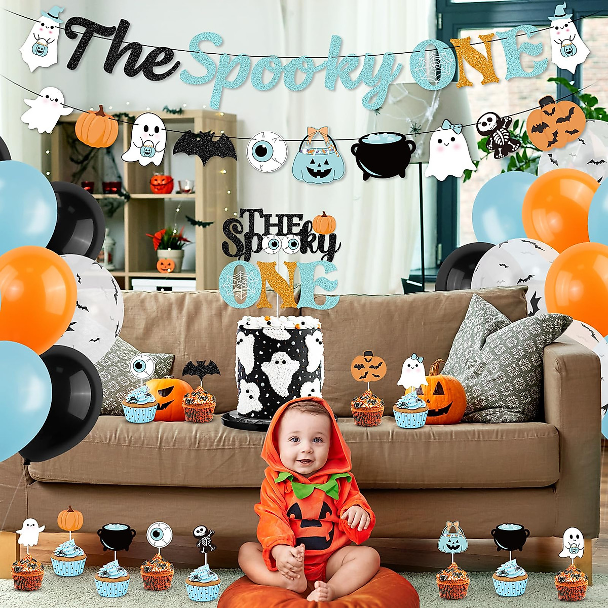 K KUMEED Halloween 1st Birthday Party Decorations,The Spooky One Banner Cute Ghost Eyeballs Pumpkin Cake Topper and Latex Balloons for Halloween First Birthday Boys Halloween Birthday Party Supplies