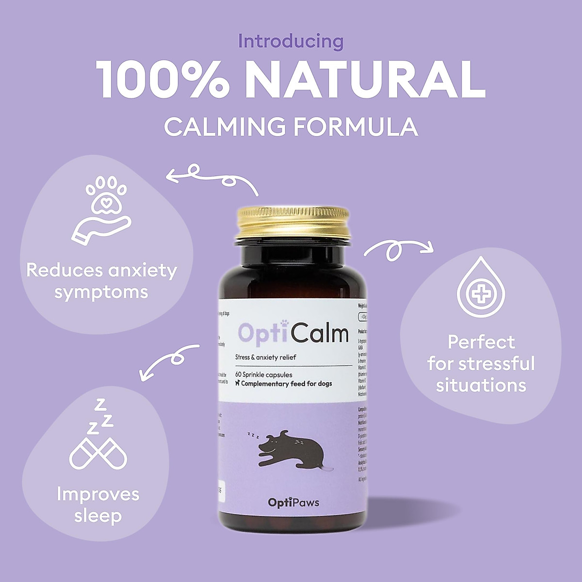 OptiCalm Dog Calming Supplement - GABA, L-Theanine & L-Tryptophan - Sprinkle Capsules for Relaxation & Anxiety Relief - Natural Calming Aid