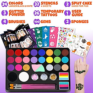 Drawdart Face Painting Kit for Kids - 24 Colors Water Based Non Toxic Face Paint Kit, Professional Face Paint for Kids with Stencils & Brushes - Parties, Birthdays, Halloween Face Body Makeup Kit