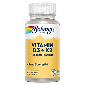 SOLARAY Vitamin D-3 + K-2, Calcium Absorption, Bone Strength, Cardiovascular & Immune Function Support, 60 VegCaps