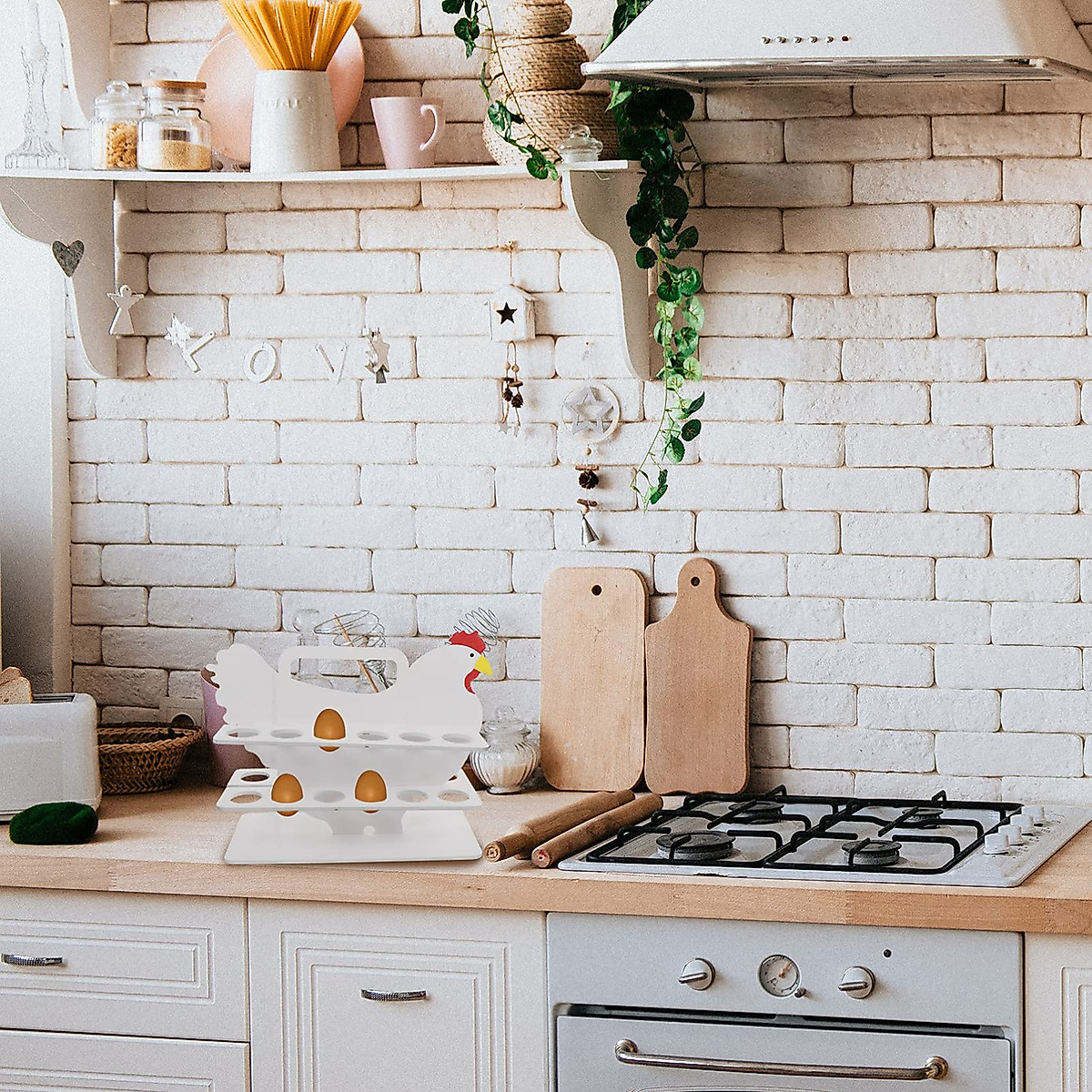 DOITOOL Fridge Egg Holder Wooden Egg Holder Chicken Shape Egg Dispenser Rack Egg Display Stand Egg Holder Carrier with Handle for Home Kitchen Accessory Tray