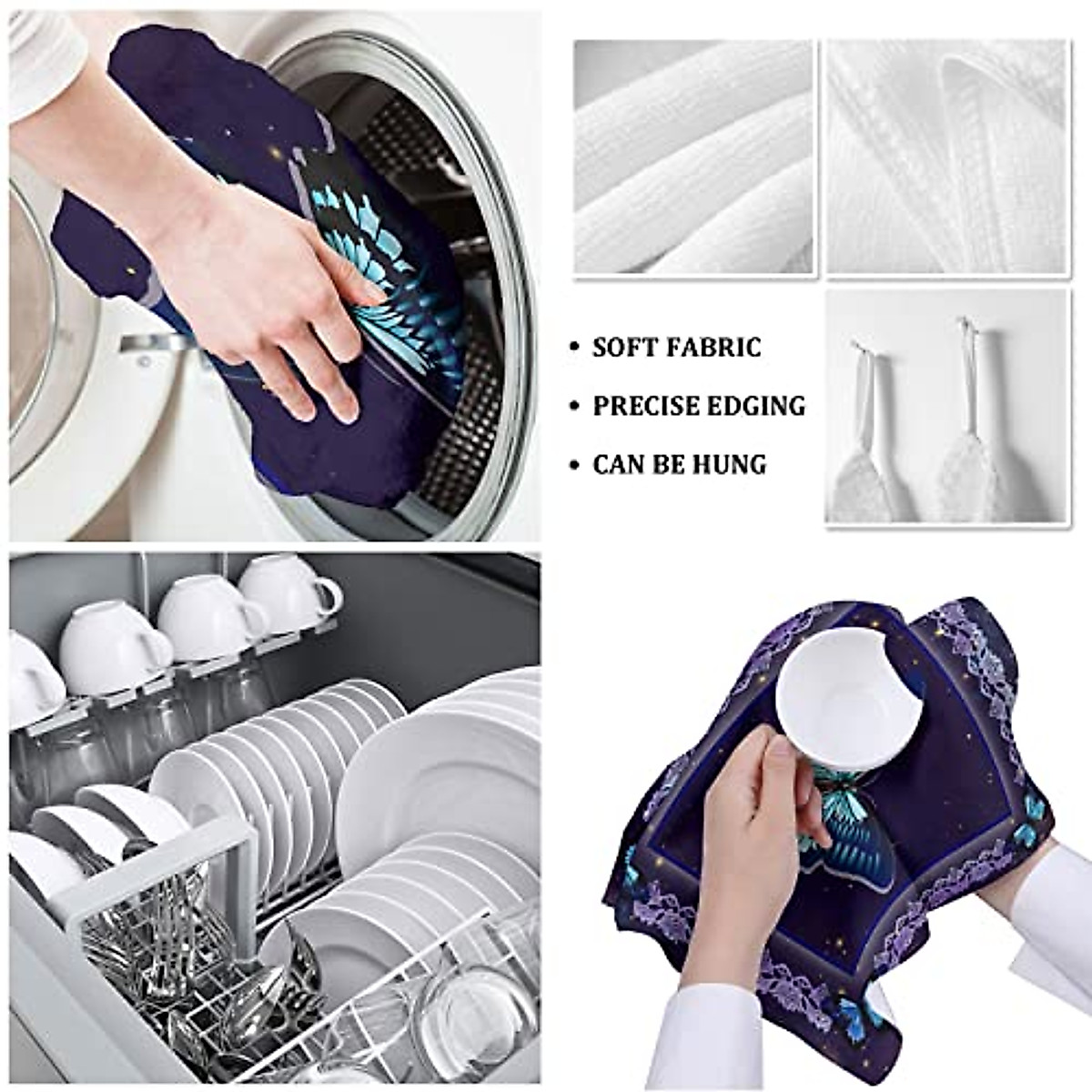 Big buy store Kitchen Towels Butterfly Dish Towels and Dishcloths Sets Decorative Tea Towel Purple Starry Sky Starlight Absorbent Hand Towels for Kitchen Drying Bathroom Decor Gift 18x28 Inch