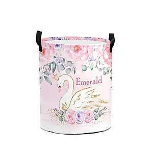 Custom Watercolor Floral Swan Pink Laundry Basket Handles Collapsible Hamper Foldable Storage Bin Living Room Office Bathroom Bedroom